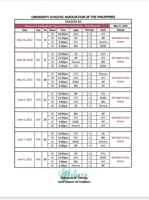 SCHEDULE: UAAP Season 84 women's volleyball second round | Inquirer Sports